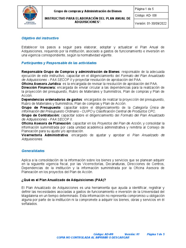 AD-I08 Instructivo para Elaboración Del Plan Anual de Adquisiciones | PDF | Presupuesto