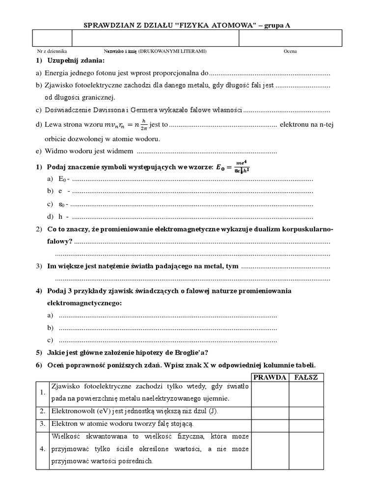 3A Sprawdzian FIZYKA ATOMOWA - Grupa B | PDF 3A Sprawdzian FIZYKA ATOMOWA - Grupa B | PDF