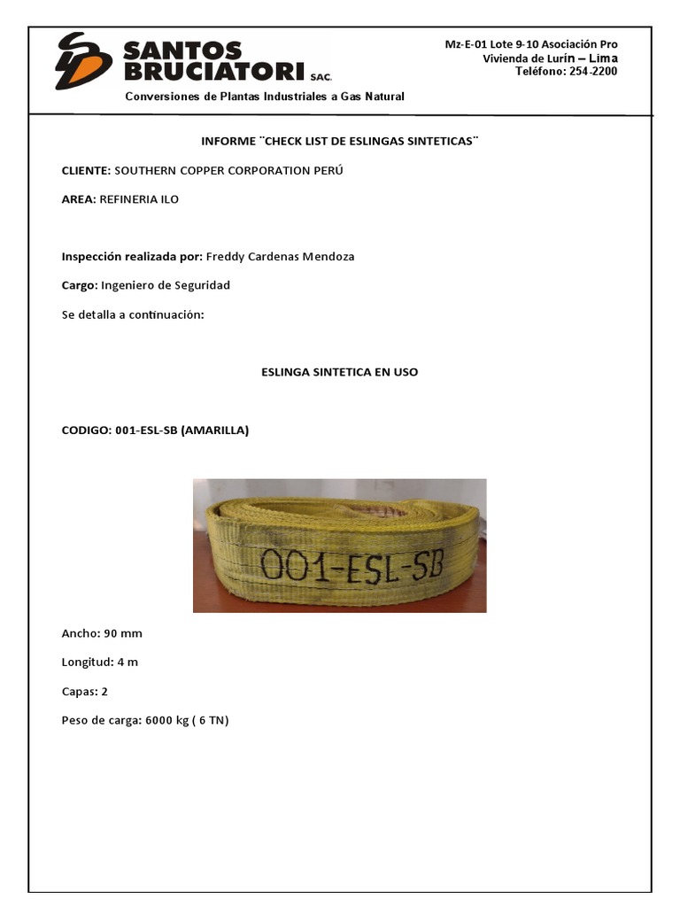 Informe Check List Eslinga | PDF