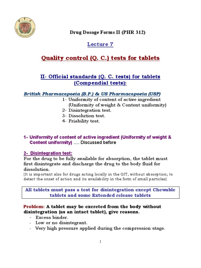 Quality Control Tests for Tablets | PDF | Tablet (Pharmacy ...