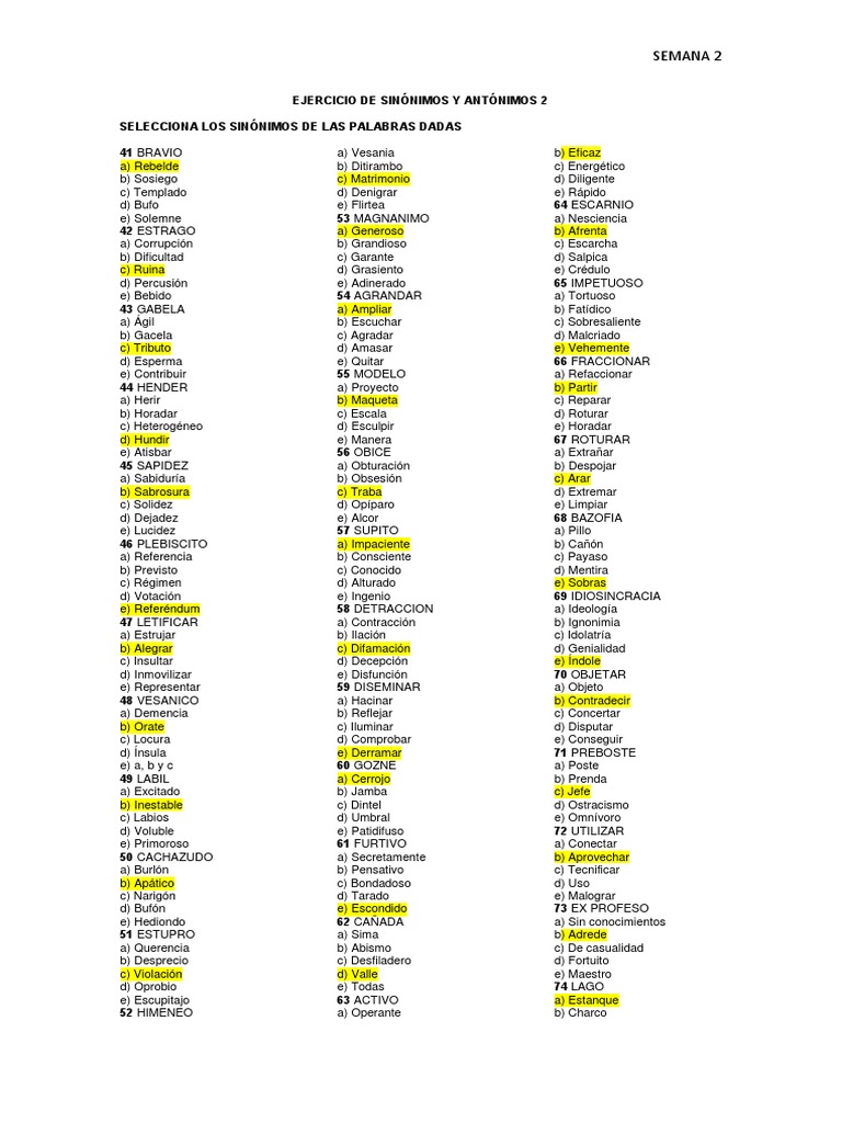 Ejercicio de Sinónimos 2 Respuestas | PDF