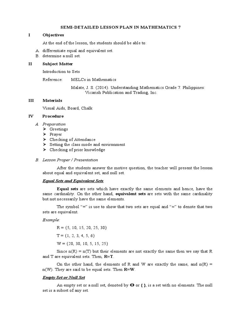 M7 Q1L1.3 Sets (Equal Set and Equivalent Set, and Null Set) | PDF | Set ...