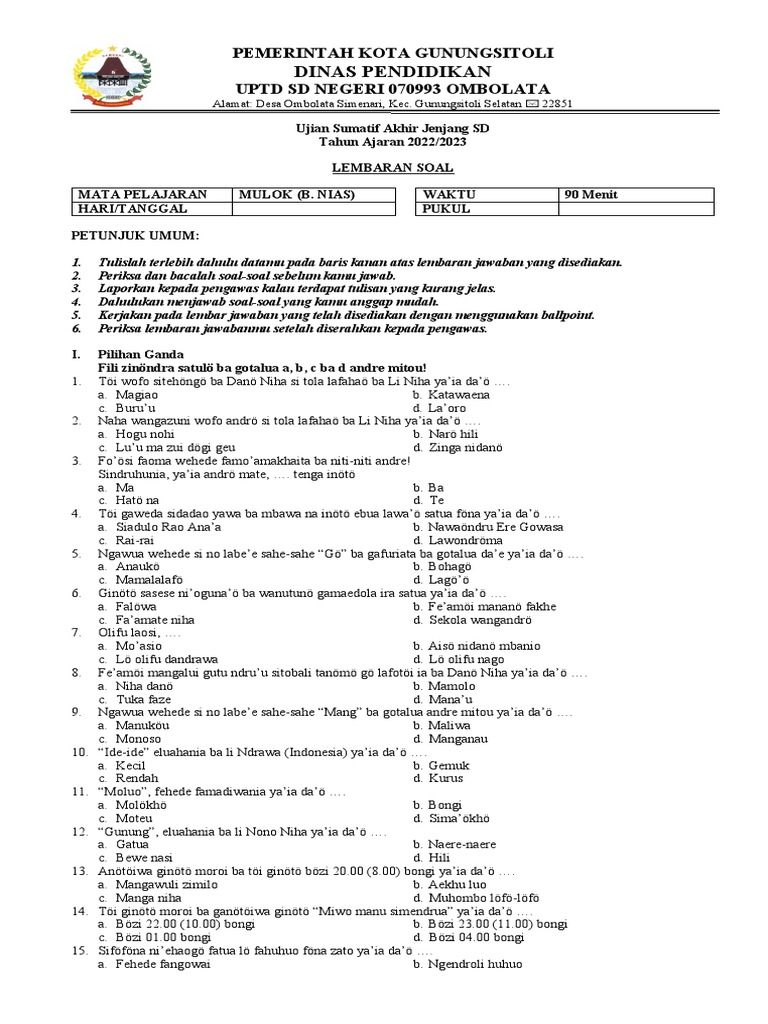Soal Bahasa Nias Kelas VI | PDF