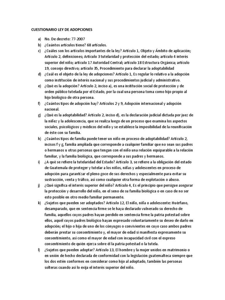 Cuestionario Básico Ley de Adopciones | PDF | Adopción | Instituciones ...