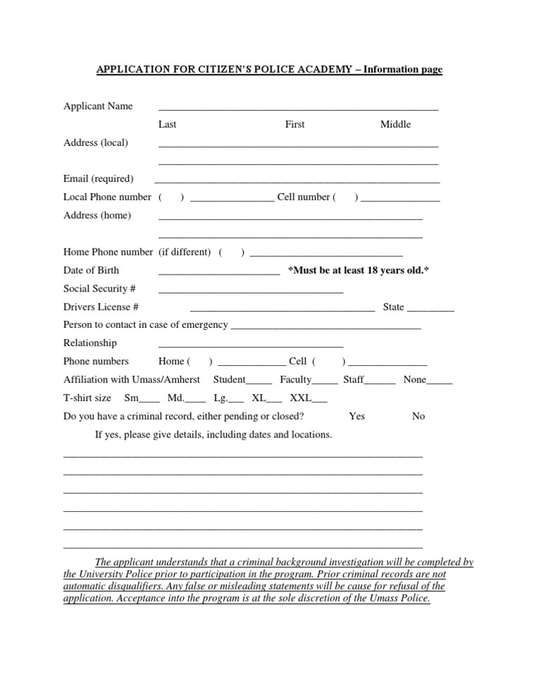 Citizen's Police Academy Application Form | PDF | Career & Growth