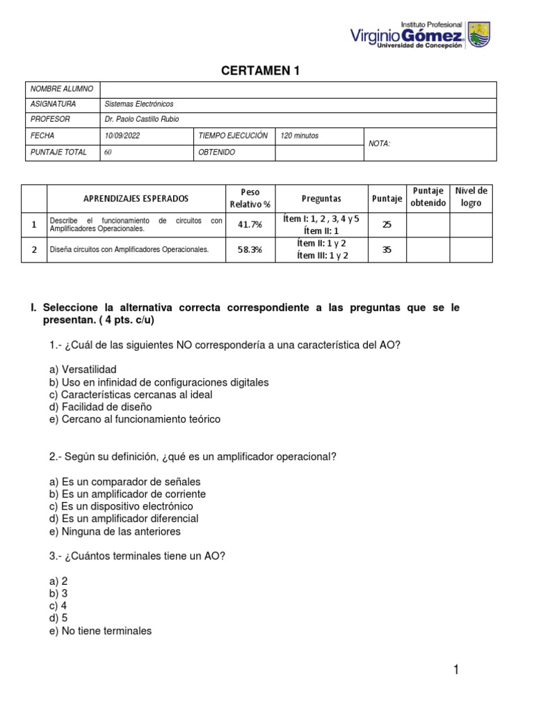 CERTAMEN 1 Sistemas Electrónicos | PDF