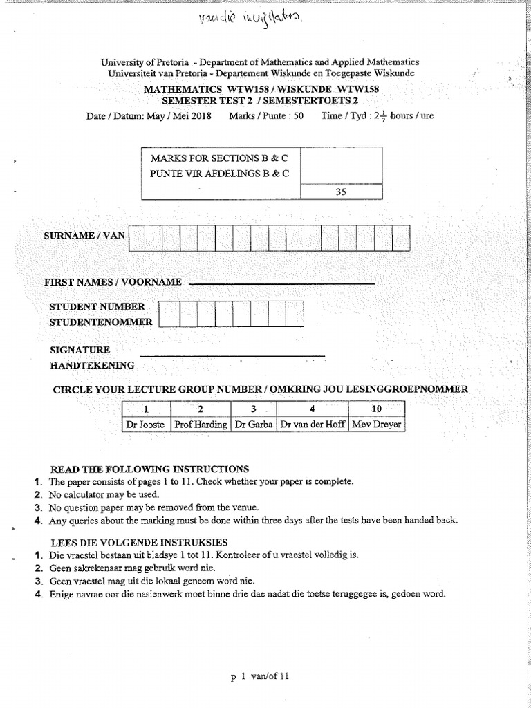 WTW 158 Semester Test 2 2018 Memo | PDF