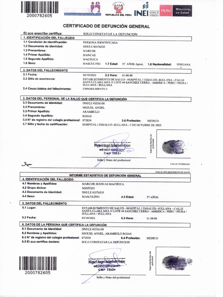 Certificado de Defuncion | PDF