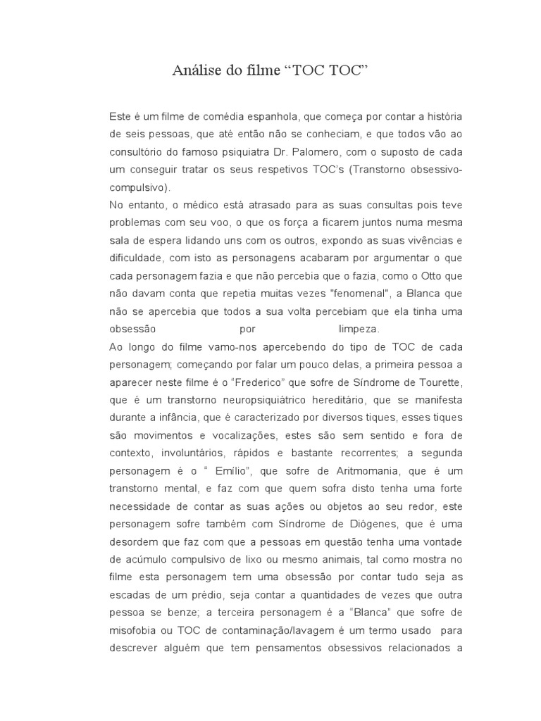 Analise Do Filme TOC TOC | PDF | Transtorno obsessivo compulsivo (TOC)