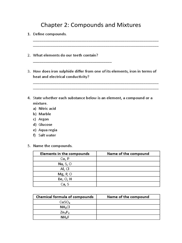 Chapter 2 Compounds and Mixtures | PDF | Chemical Compounds | Chemical ...