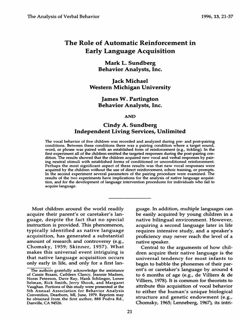 The Role of Automatic Reinforcement in Early Language Acquisition | PDF ...