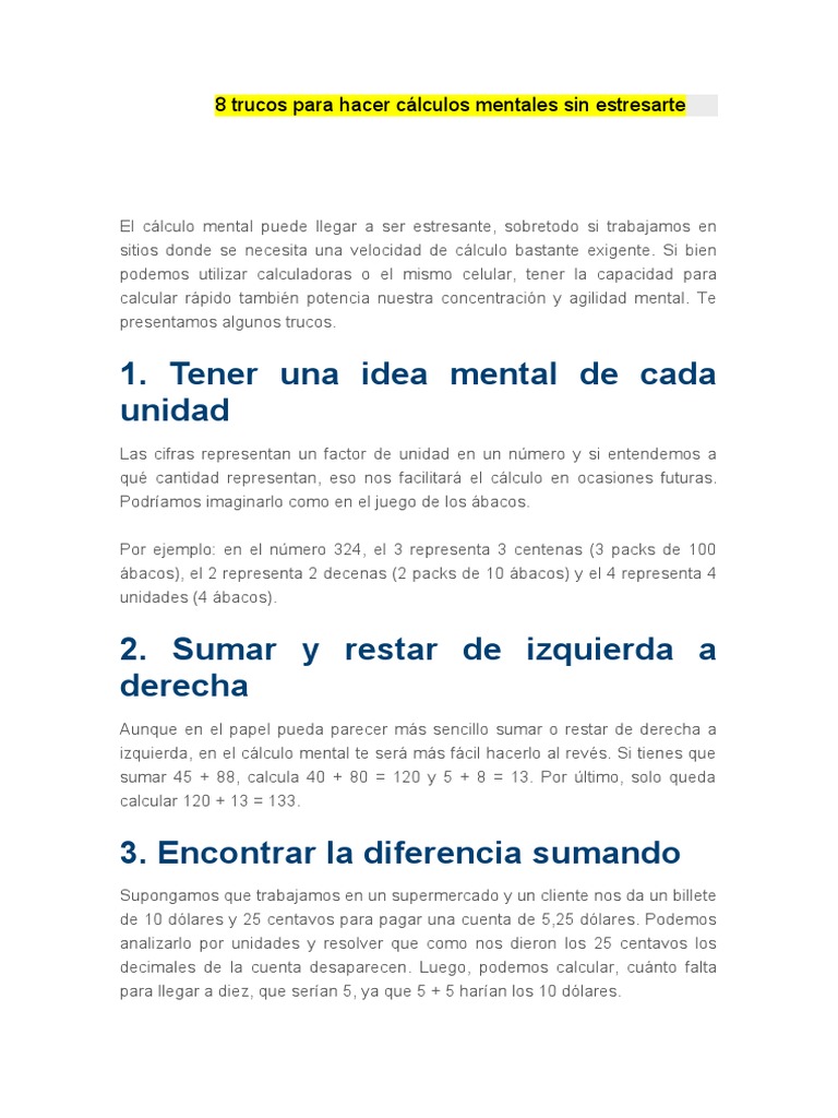8 Trucos para Hacer Cálculos Mentales Sin Estresarte | PDF | Matemáticas