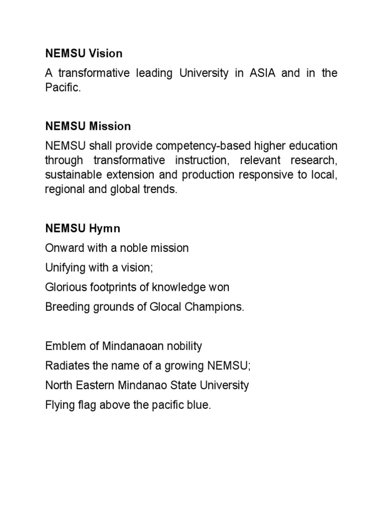 NEMSU Vision, Mission, and Hymn Lyrics | PDF | Languages Of Southeast ...