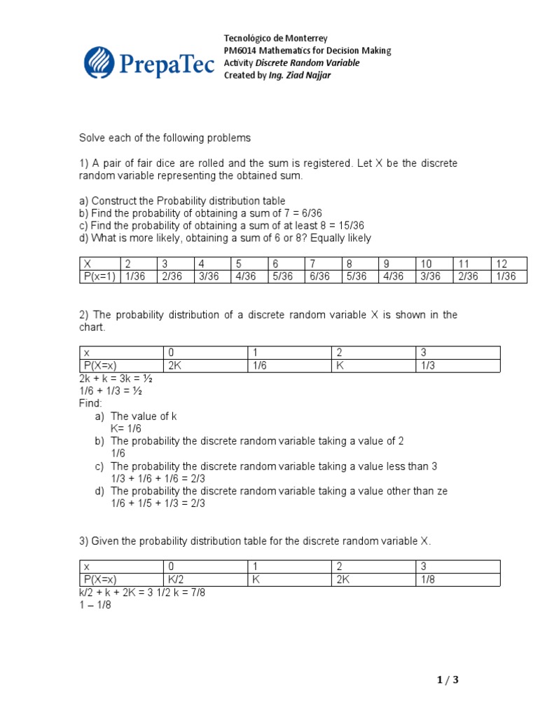 2.1.2 Discrete Random Variable 2 (Find K) | PDF | Probability Distribution | Random Variable
