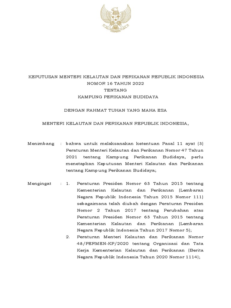 Autentifikasi Kepmen Kp 16 Th 2022 Kampung Pb 16 Mar 2022 Pdf