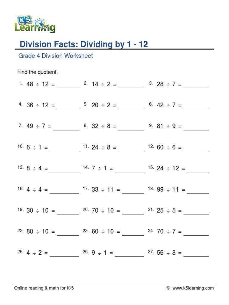 Grade 4 Division Facts 1 To 12 B | PDF