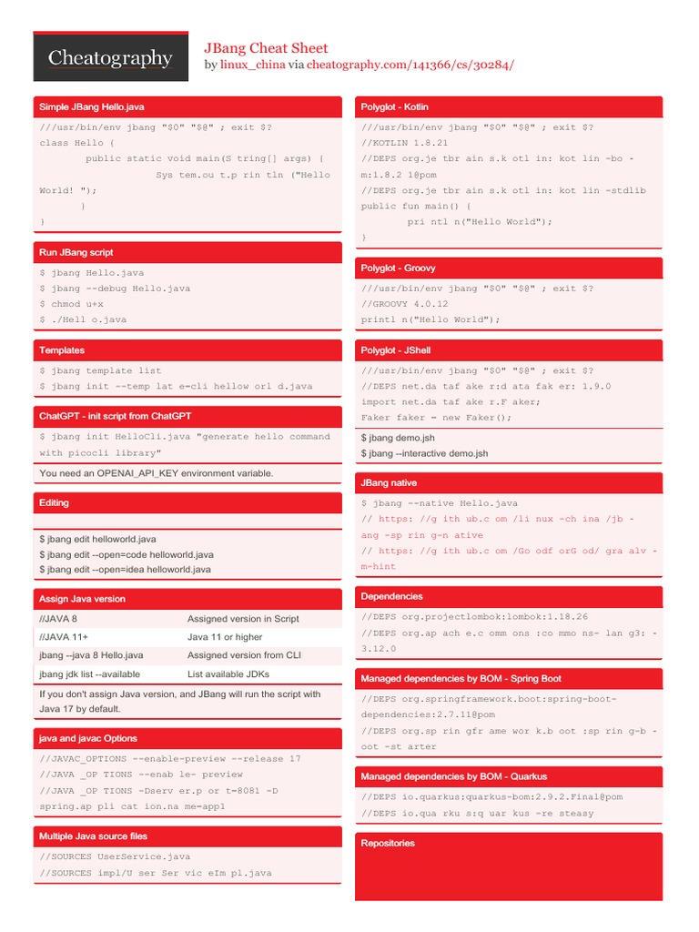 Jbang Cheet Sheet | PDF | Java (Programming Language) | Computing