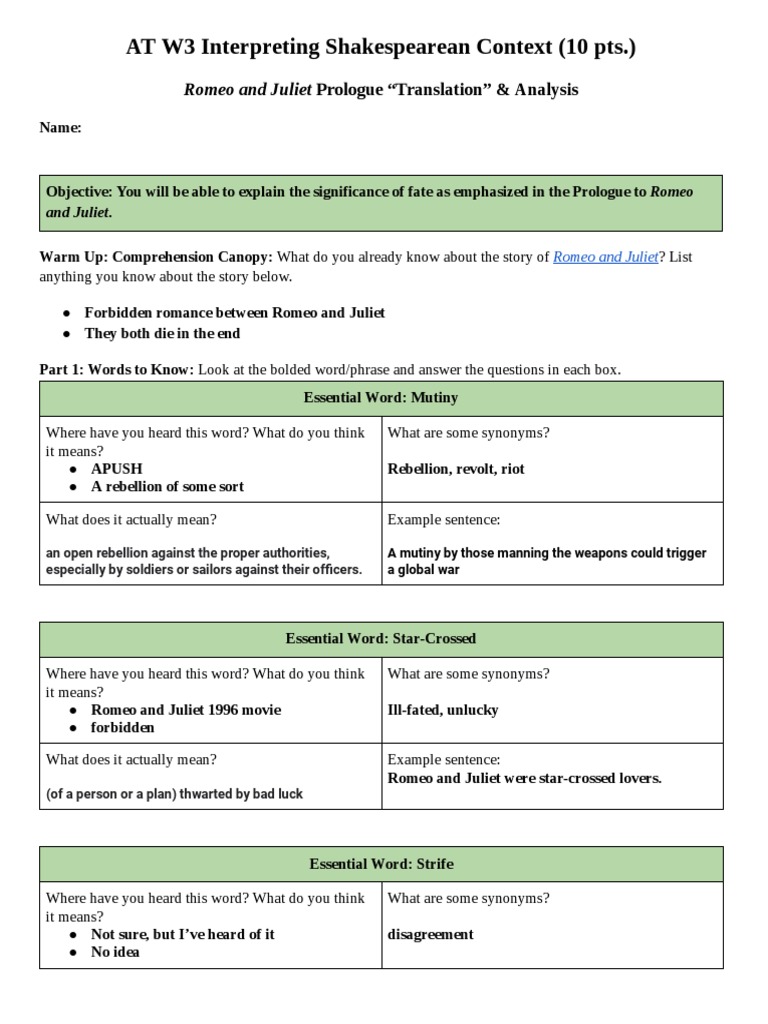 AT W3 Interpreting Shakespearean Context (Prologue Analysis) | PDF ...