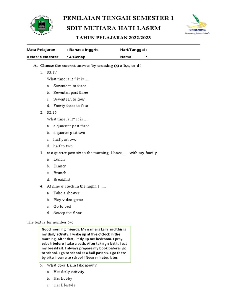SOAL PTS B. INGGRIS_ KELAS 4 | PDF
