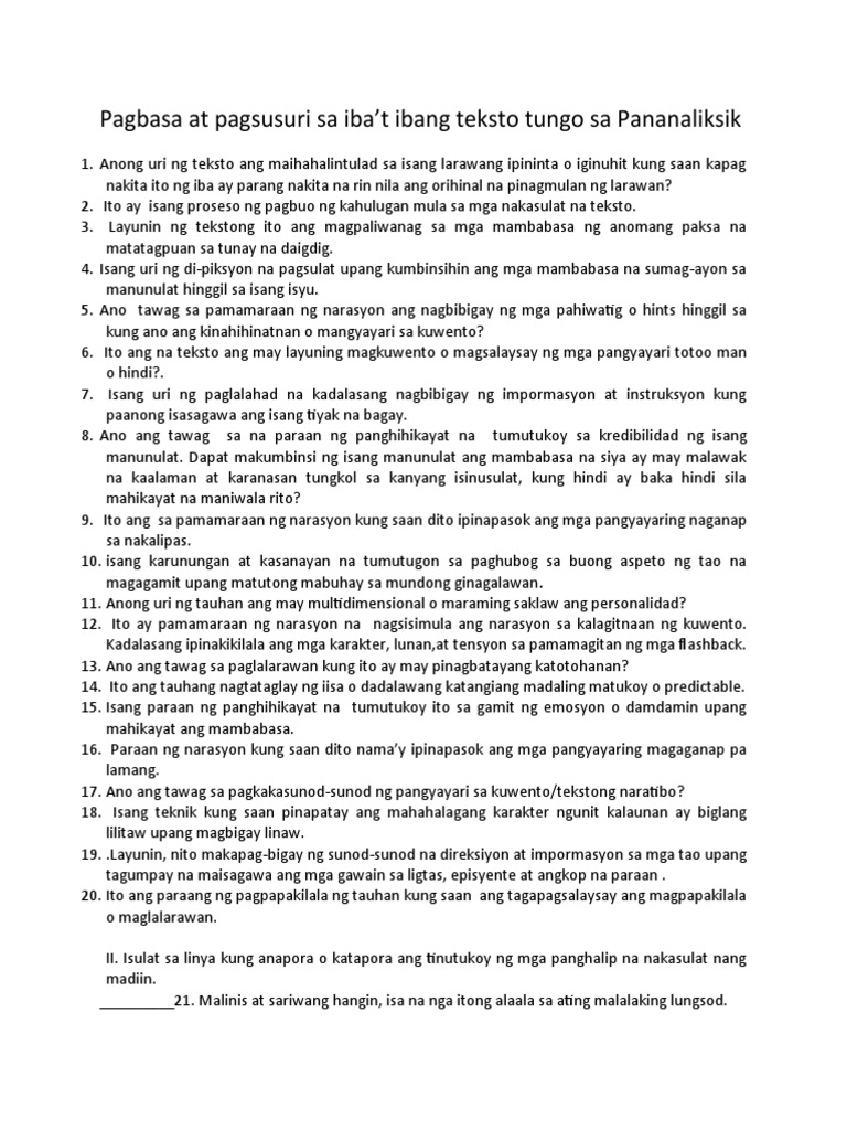 Quiz Pagbasa at Pagsusuri 11-22-19 | PDF