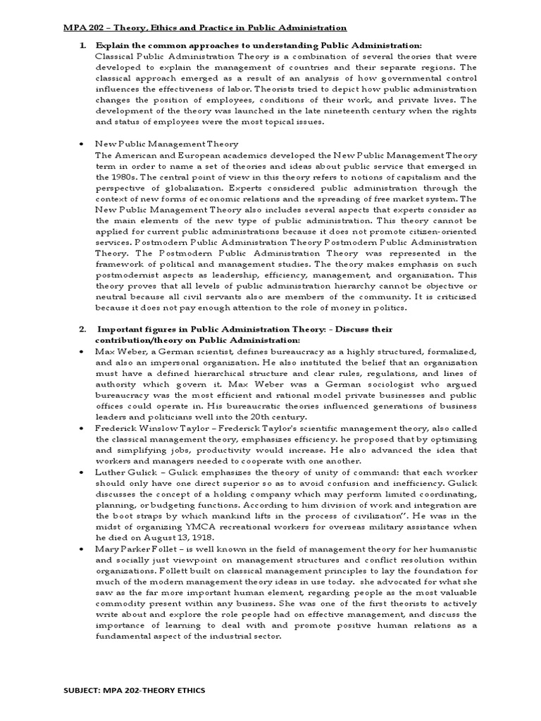 Mpa 202 Theory Ethics Pdf Public Administration Bureaucracy