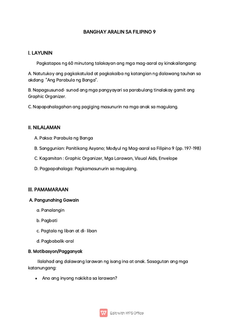 BANGHAY ARALIN F9 (Parabula NG Banga) (4) - 105502 | PDF