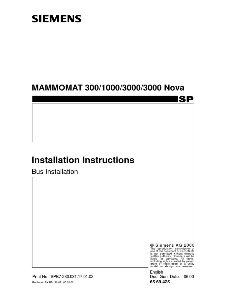 Siemens Mammomat 300 1000 3000 3000 Nova Installation Instructions - Bus Installation | PDF ...