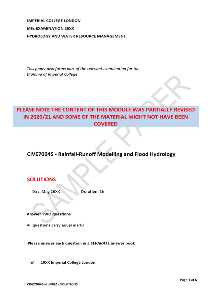 Past Papers Imperial College London MSC Hydrology - HWRM | PDF ...