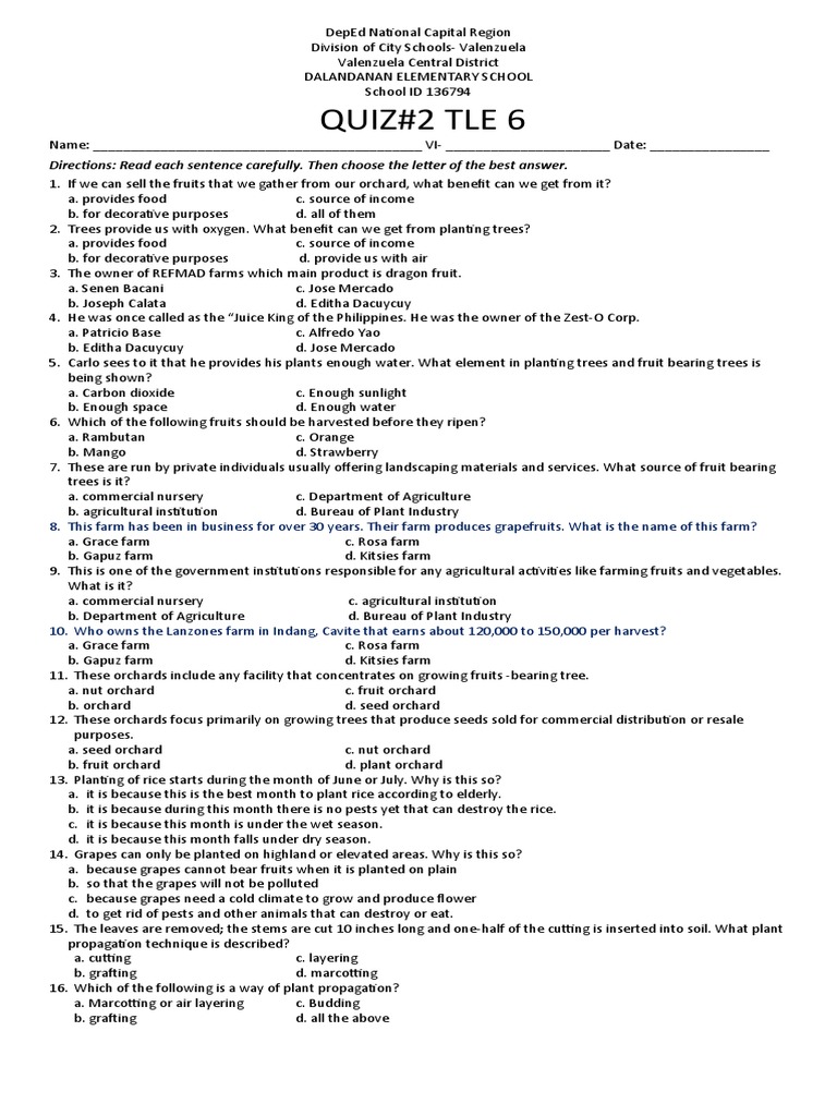 Q3 Quiz#2 Tle 6 | PDF | Fertilizer | Manure