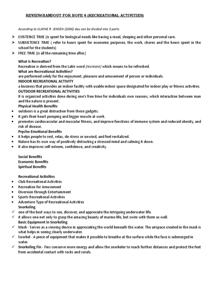 Review Handout HOPE 4 3rd Q - 101544 | PDF | Snorkeling | Swimming