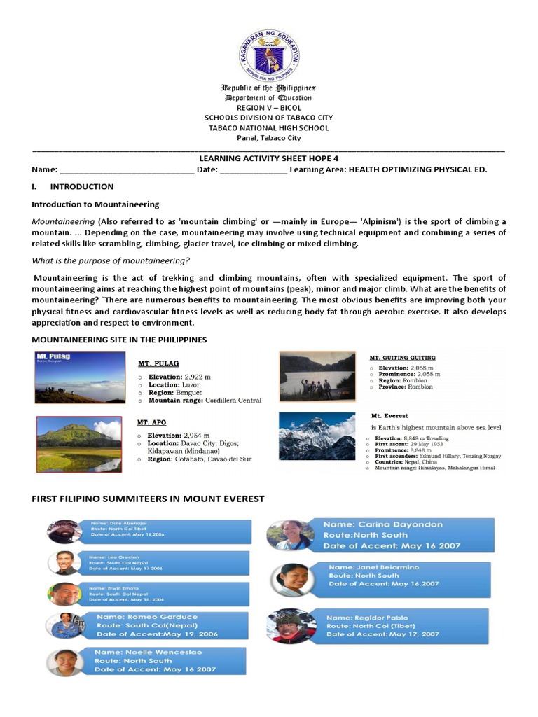 Hope-4 Activity-Sheet Mountaineering | PDF | Mountaineering | Physical ...