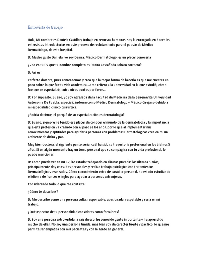 Guión - Entrevista de Trabajo Inglés | PDF | Cuidado de la salud | Medicina