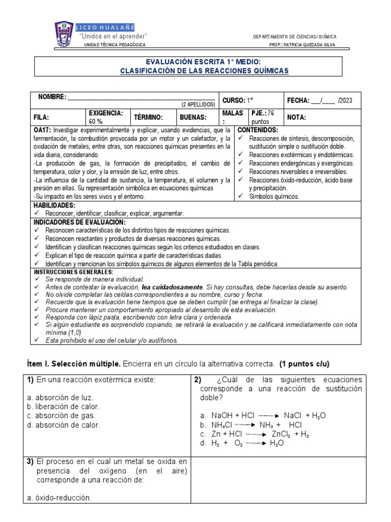 Prueba Quimica 1 Medio Pdf Reacciones Químicas Redox