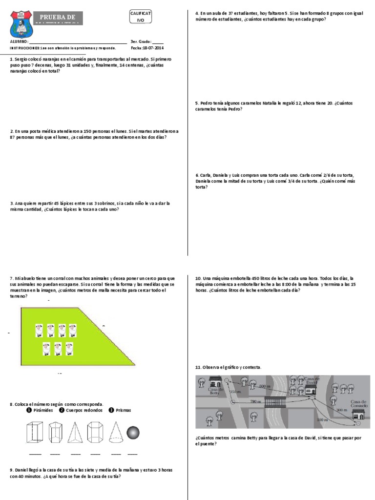 Prueba Matemática 3er Grado | PDF