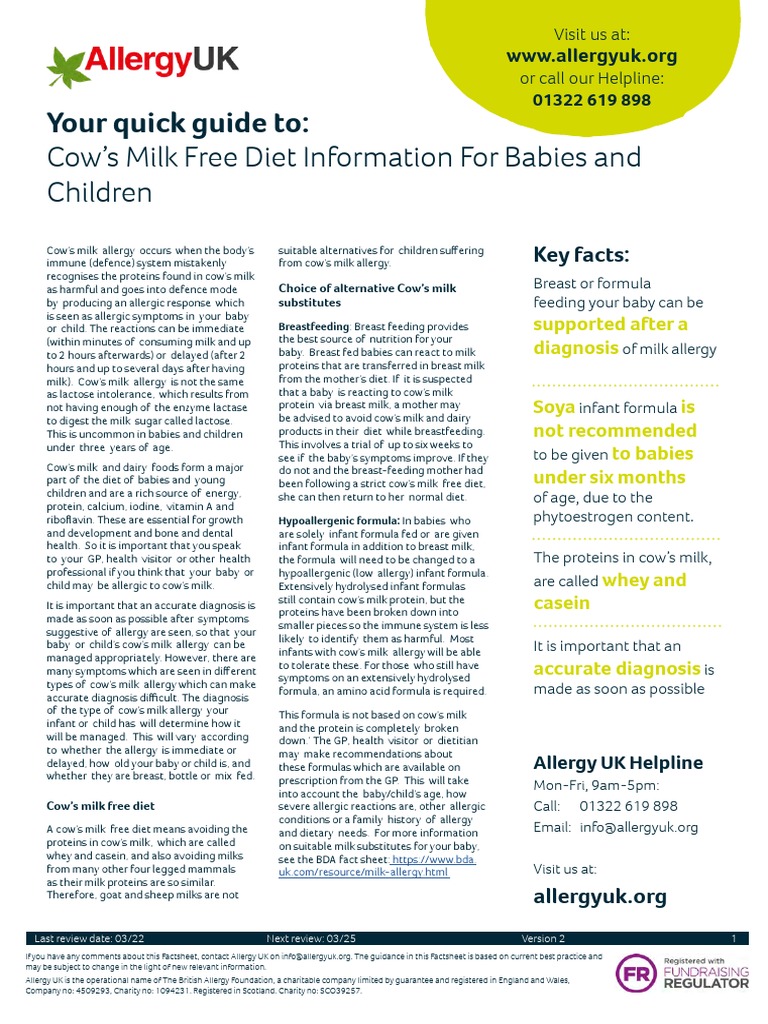 Cows Milk Free Diet Information For Babies and Children | PDF
