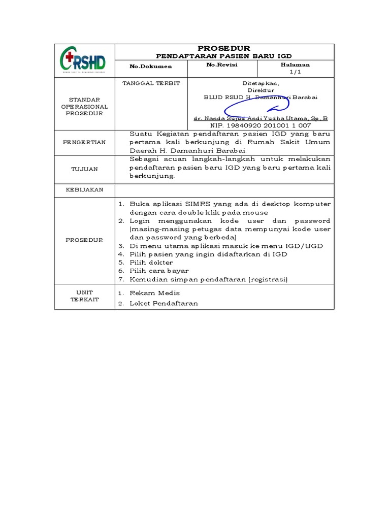 Sop Pendaftaran Pasien Baru Igd | PDF