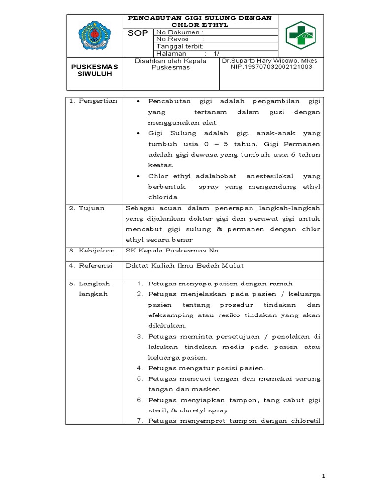 Sop Pencabutan Gigi Sulung DG Chlorethyl | PDF | Kesehatan Holistik ...