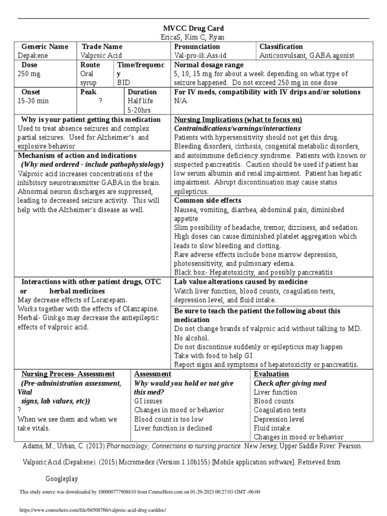 Valproic Acid Drug Card | PDF | Pharmacology | Human Diseases And Disorders