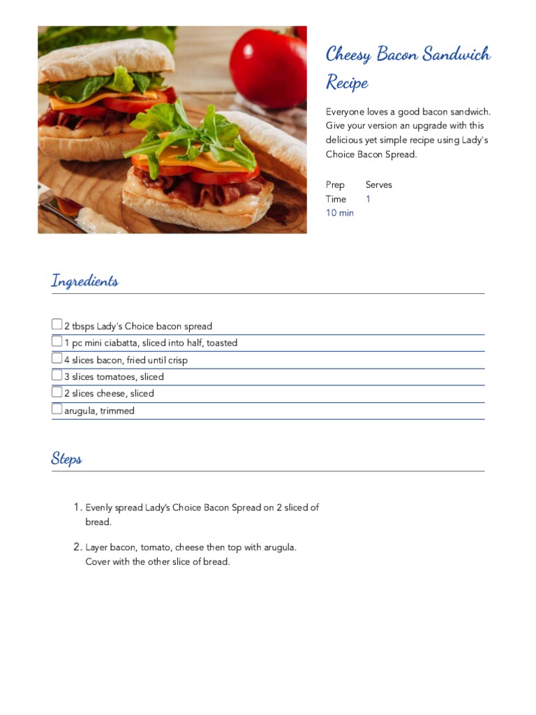Cheesy Bacon Sandwich Recipe | PDF