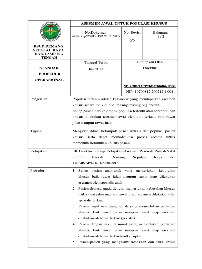 SPO NO 21 Asesmen Awal Untuk Populasi Khusus Rsud DSR | PDF