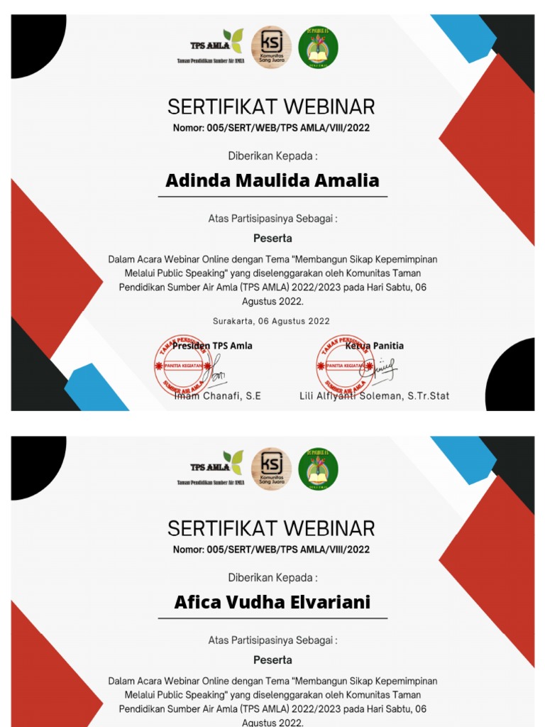 Sertifikat Webinar 6 Agustus TPS Amla | PDF