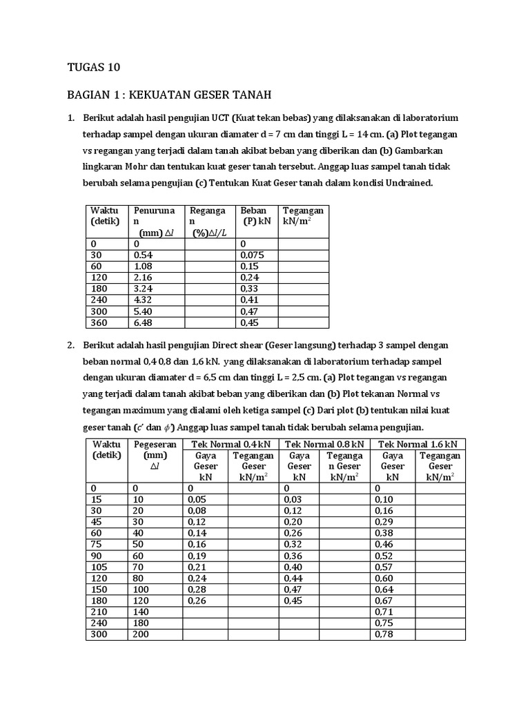 Tugas Kuliah 10 (Kuat Geser Tanah Dan Konsolidasi) | PDF
