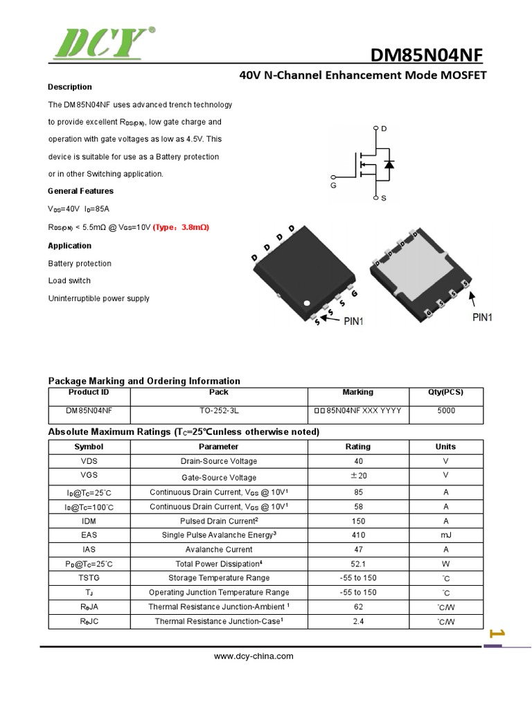 DM85N04NF 85A 40V PDFN5x6-8L | PDF | Field Effect Transistor | Mosfet