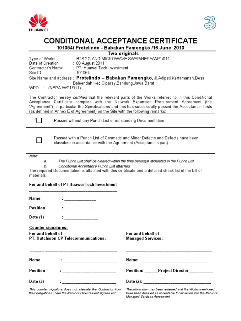 Conditional Acceptance Certificate: 101054/ Protelindo - Babakan Pamengko /16 June 2010 Two ...