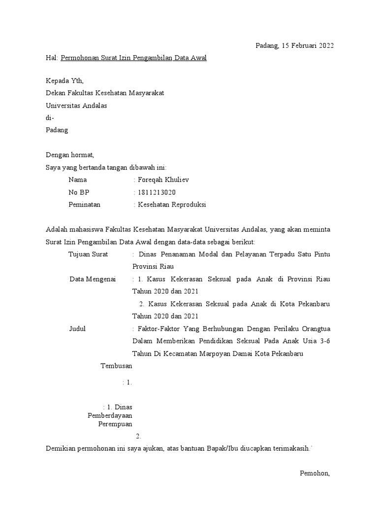 Surat Izin Pengambilan Data Awal | PDF Surat Izin Pengambilan Data Awal | PDF