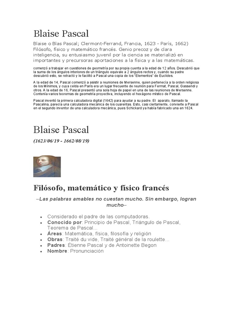 Blaise Pascal | PDF | Mecánica de Medios Continuos | Matemáticas