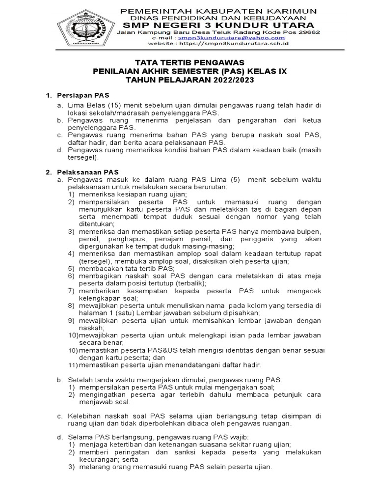 Tata Tertib Pengawas PAS Kls 9 Genap TP 20222023 | PDF