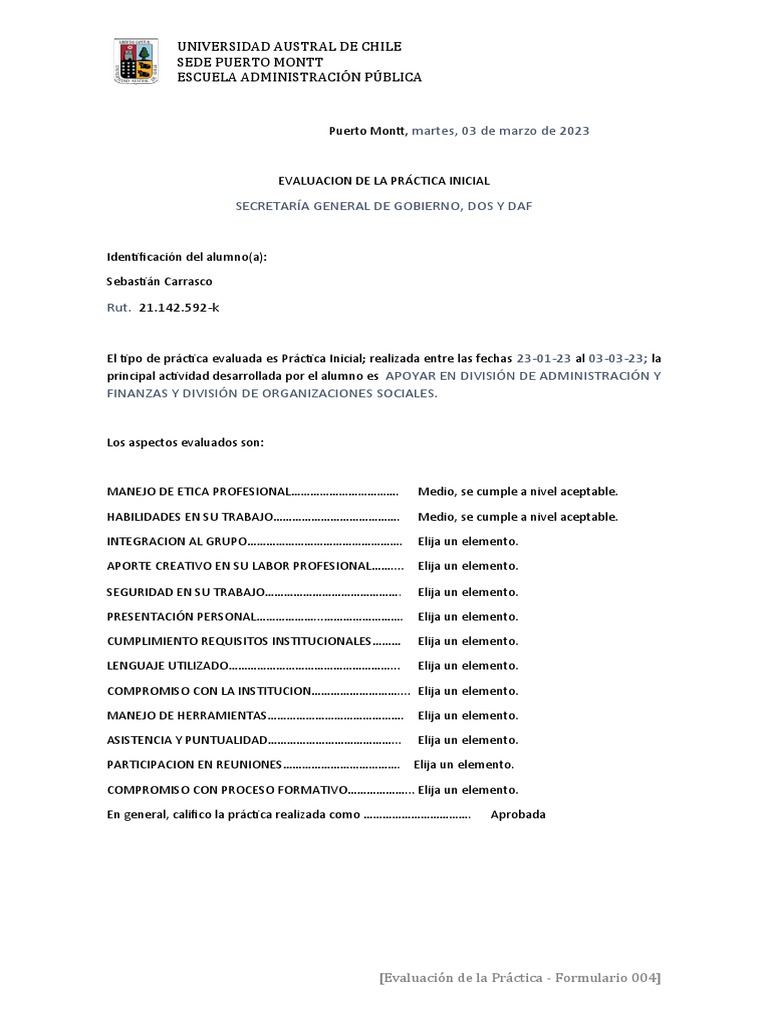 Formulario 004 - Evaluación Práctica Inicial | PDF