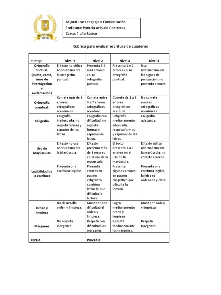 Rúbrica para Evaluar Escritura 4 Año | PDF