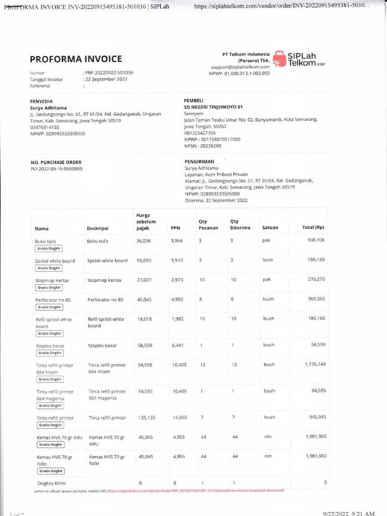 Proforma Invoice $lflnfi: It Telkom Lndonesia | PDF
